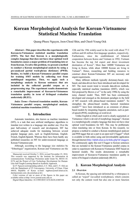 Pdf Korean Morphological Analysis For Korean Vietnamese Statistical Machine Translation