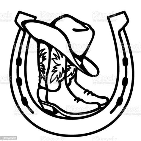 카우보이 부츠와 말굽 사인에 서양 모자 인쇄를 위해 흰색으로 분리된 카우보이 일러스트의 벡터 그래픽 검정 기호 카우보이 부츠에 대한 스톡 벡터 아트 및 기타 이미지 Istock