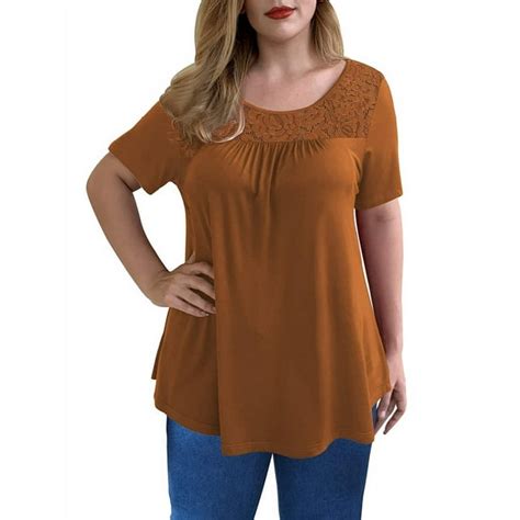 Gingdin Womens Plus Size Casual Top Short Sleeve Crew Neck Lace