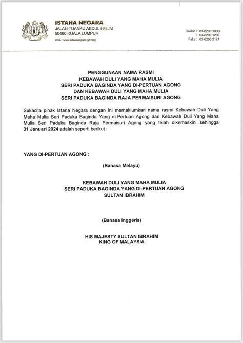 The New Agong And Raja Permaisuri Agong Will Be Officially Referred To