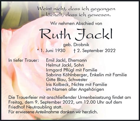Traueranzeigen Von Ruth Jackl Mittelbayerische Trauer