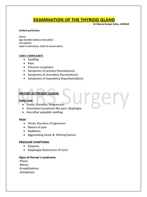 Examination Of Thyroid Swelling And Case Dr Manas Mrs Surgery Pdf Thyroid Hypothyroidism