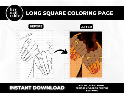 Blank Long Coffin Nail Design Template Instant Download Nail Art