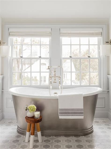 Modern Cast Iron Bathtub On Gray Marble Hexagon Floor Transitional