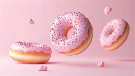 Floating Pink Frosted Donuts With Sprinkles On Pastel Background