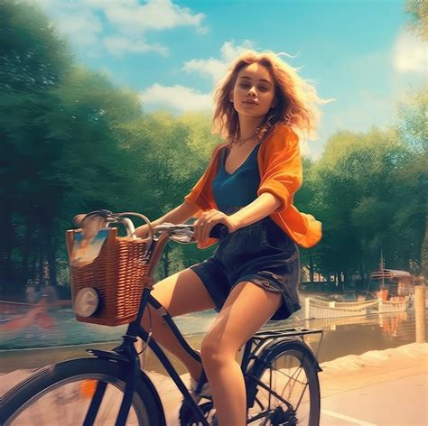 Premium Ai Image Cute Girl On The Bicycle