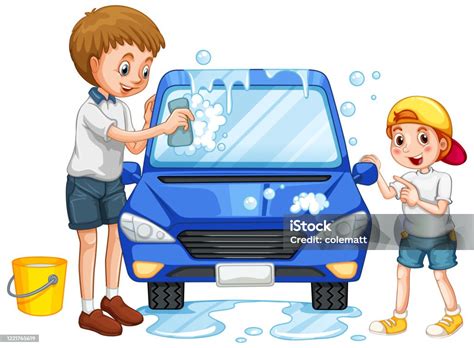 아버지와 아들이 흰색 배경에 차를 세차 가사 집안일에 대한 스톡 벡터 아트 및 기타 이미지 가사 집안일 교통수단 귀여운 Istock
