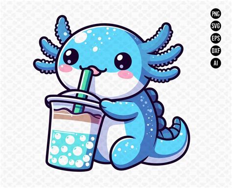 Cute Kawaii Blue Axolotl Svg Png Funny Axolotl Bubble Boba Tea Anime