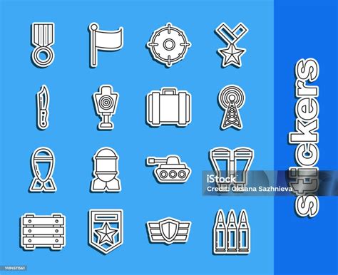 세트 라인 총알 쌍안경 레이더 사격 경쟁을 위한 표적 스포츠 인간 표적 군용 칼 보상 메달 및 탄약 상자 아이콘 벡터 갈매기표