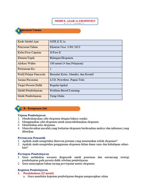 Modul Ajar 1 Eksponen Pdf Karier And Perkembangan Seni And Disiplin