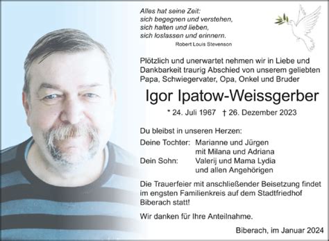 Traueranzeigen Von Igor Ipatow Weissgerber Schwaebische De Trauerportal