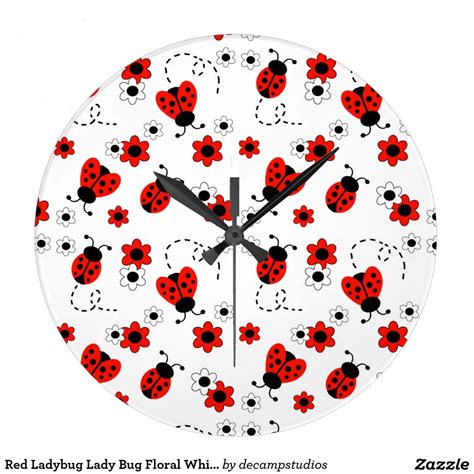 Red Ladybug Lady Bug Floral White Flowers Large Clock Zazzle