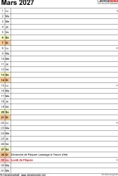Calendrier Mars 2027 Pdf Excel Et Word Calendarpedia