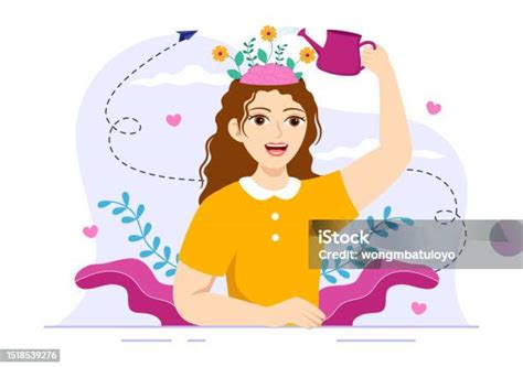 긍정적인 생각 벡터 일러스트레이션 긍정적인 생각은 창의성과 꿈을 상징하는 마음가짐으로 플랫 만화 손으로 그린 템플릿 Health