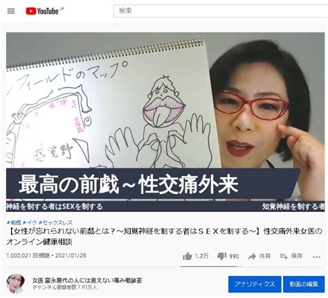 Youtube 900万回再生！100万回再生動画2本目！『女医 富永喜代の人には言えない痛み相談室』 富永ぺインクリニック