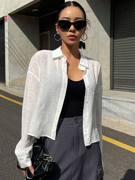 DAZY Solid Drop Shoulder Button Front Shirt SHEIN USA