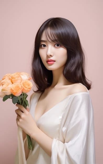 Premium Ai Image A Woman In A White Dress Holds A Bouquet Of Roses
