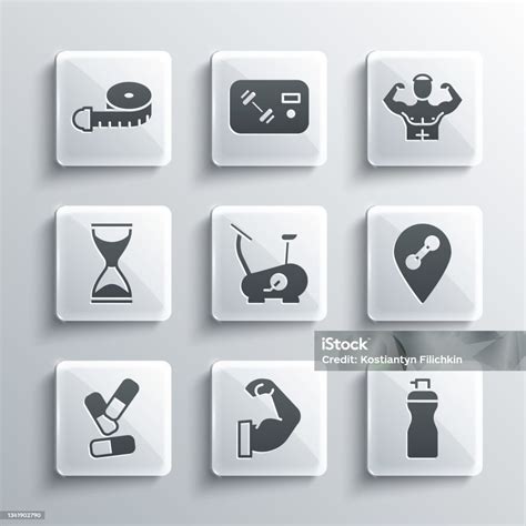 세트 보디 빌더 근육 피트 니스 셰이커 위치 체육관 고정 자전거 비타민 알 약 오래 된 모래 시계 테이프 측정 및 아이콘 벡터 건강 진단에 대한 스톡 벡터 아트 및 기타