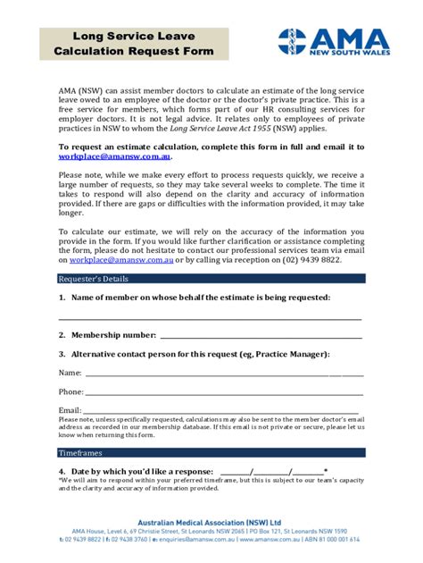 Fillable Online Long Service Leave Calculation Request Form Fax Email