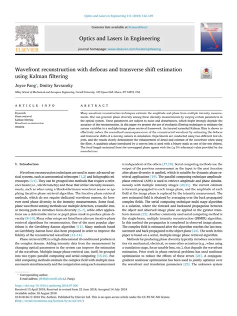 Pdf Wavefront Reconstruction With Defocus And Transverse Shift Estimation Using Kalman Filtering