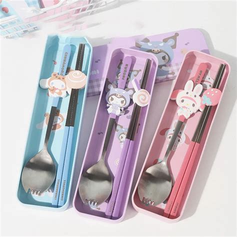 귀여운 마이 멜로디 쿠로미 시나모롤 304 스테인리스 스틸 수저 세트 애니메이션 산리오 소녀 하트 귀여운 휴대용 젓가락 스푼 Aliexpress