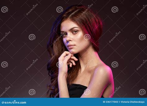 Woman Black Dress Posing Studio Fashion Hairstyle Model Lifestyle Stock