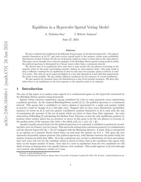 Pdf Equilibria In A Hypercube Spatial Voting Model