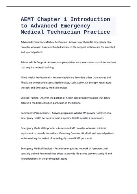 Introduction To Advanced Emergency Medical Technician Practice Practice