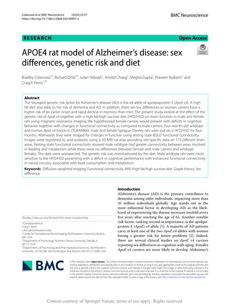 Pdf Apoe4 Rat Model Of Alzheimers Disease Sex Differences Genetic