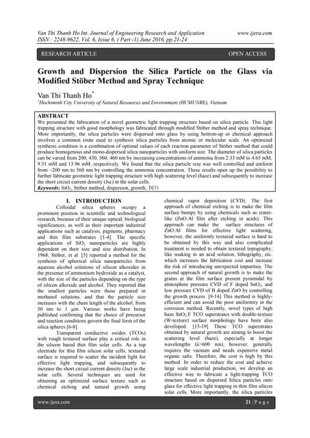 Growth And Dispersion The Silica Particle On The Glass Via Modified Stöber Method And Spray