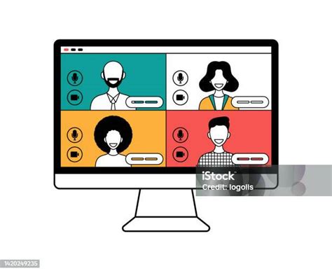 온라인 화상 회의 개념 화상 회의 통화 화면에 있는 얼굴 그림입니다 사람들은 원격 회의로 함께 연결 학습 또는 온라인 회의