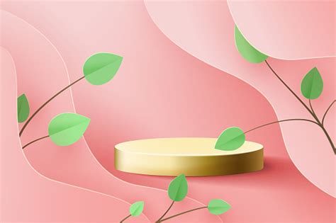 분홍색 배경에 골드 받침대 종이 식물 잎이있는 가지와 함께 종이에서 잘라 파도의 배경에 추세 연단 3d 0명에 대한 스톡 벡터