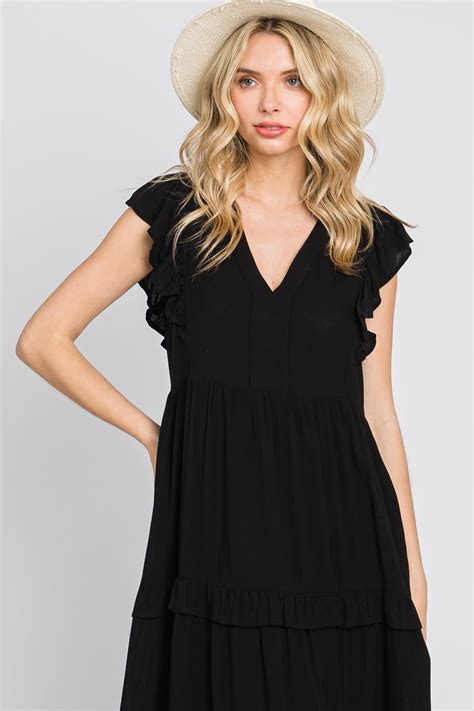 Black Ruffle Accent Tiered Midi Dress Pinkblush