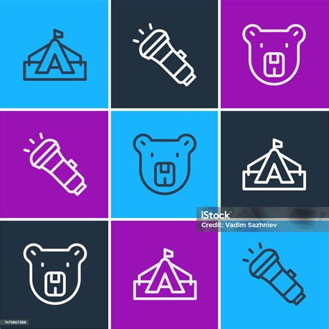 観光テントクマの頭懐中電灯のアイコンを設定しますベクトル アイコンのベクターアート素材や画像を多数ご用意 アイコン