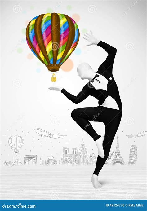 Hombre En El Traje Lleno Del Cuerpo Que Sostiene El Globo Stock De