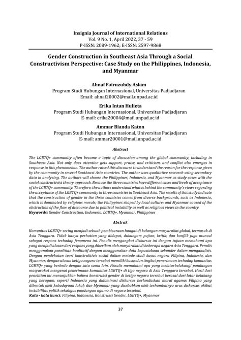 PDF Gender Construction In Southeast Asia Through A Social Constructivism Perspective