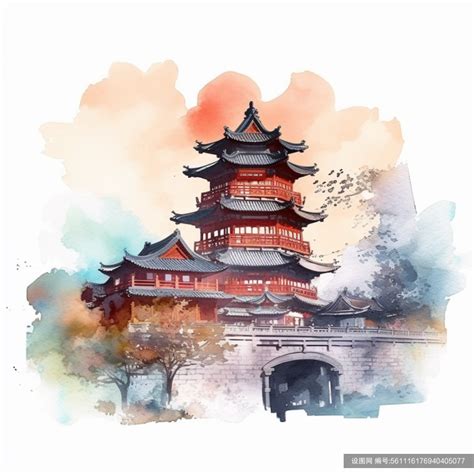 国风建筑园林楼阁中国风水墨山水风景插画png下载编号561116176940405077 设图网