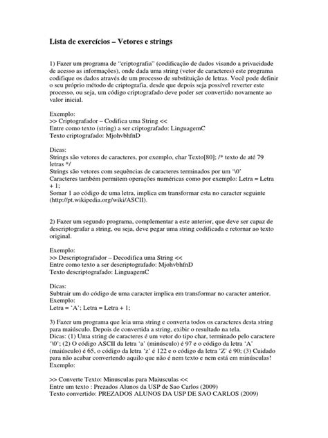 Ssc0102t3 Lista De Exercicios Strings E Vetores Pdf String Ciência