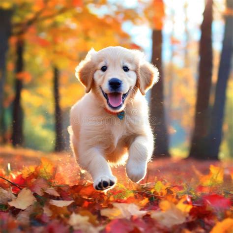 Golden Retriever Puppy Running in Autumn Leaves Stock Image - Image of yellow, woodland: 325083185