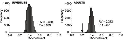 histograms of the rv coefficients of all spatially contiguous