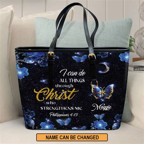 Personalized Large Leather Tote Bag I Can Do All Things Through Christ