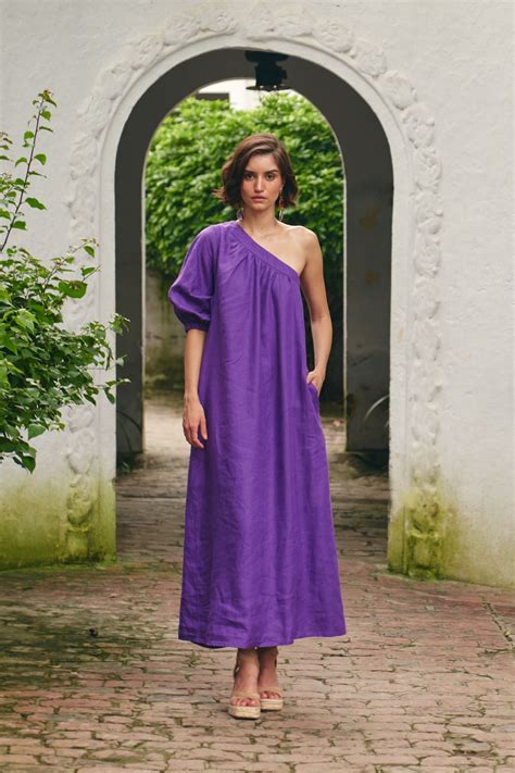 Florentina Solid Purple Linen Fully Lined One Side Shoulder Midi Length