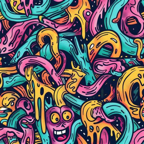 Vibrant Surreal Doodles Packed With Colorful Abstract Characters Stock