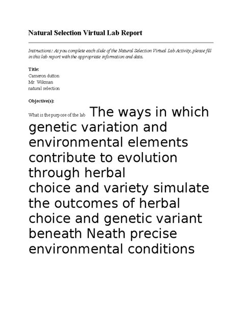 05 02 Natural Selection Lab Report Natural Selection Virtual Lab Report Instructions As You