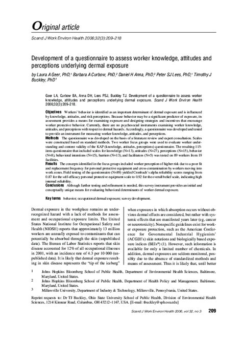 Pdf Development Of A Questionnaire To Assess Worker Knowledge Attitudes And Perceptions