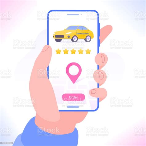 온라인 택시 주문 또는 도시 교통 앱 개념 모바일 응용 프로그램을 사용하여 택시를 호출합니다 손에 스마트 폰 사람들이 주문하거나 5 성급 등급 벡터 일러스트와 택시 서비스를