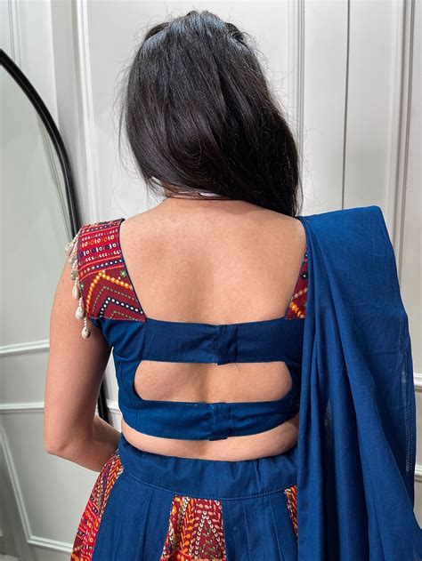Blue Embroidered And Printed Pure Cotton Lehenga Choli Set