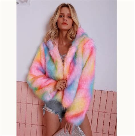 Пальто из искусственного меха радужного цвета женские зимние пушистые теплые меховые шубы с