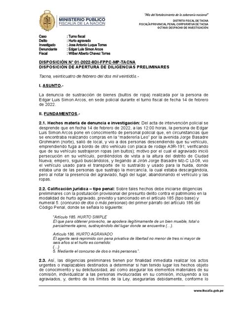 Disposición Apertura De Diligencias Preliminares Hurto Agravado Pdf