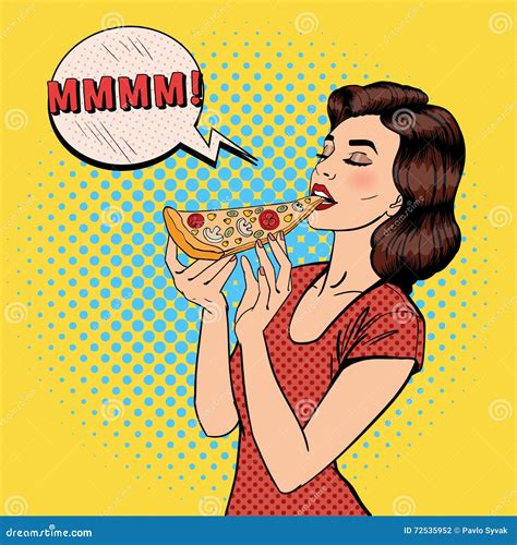 Woman Eating Pizza Young Woman Holding Big Piece Of Pizza Stock Vector